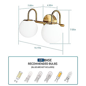 ZHUOER Modern Bathroom Vanity Light Fixtures 2 Lights Brushed Brass Milk White Globe Glass Shade Modern Wall Bar Sconce Lighting Bath Vanity Lights Over Mirror (Exclude G9 Bulb)