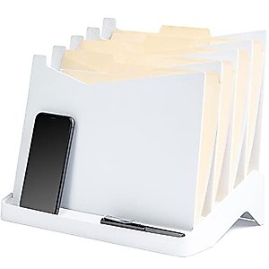 STEALTHO Desk or Wall File Organizer Patented - Hanging Magazine Holder - Desktop Folder Sorter with Boltless Assembling System - 5 Tray Sections - White