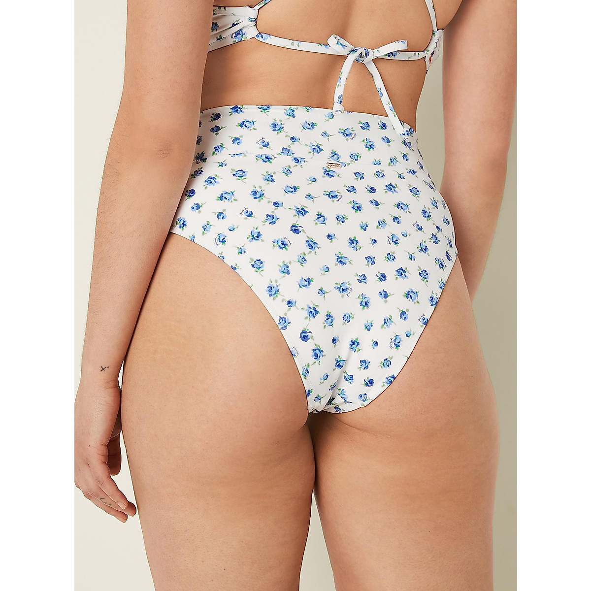 Victoria's Secret Pink V Crossover High Waisted Bikini Bottom, Swimsuit for Women, Moderate Coverage Bathing Suit Bottoms for Women, Morning Sky Floral (XL)