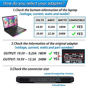 VHBW Replacement for Dell 240W Power Supply, Laptop Charger Compatible with Dell Alienware 13 15 17 M17 M15 X51 M17X M18X, Dell G3 G5 G7 G15, Precision 7710 7730 7520 M6800 M6700, PA-9E AC Adapter