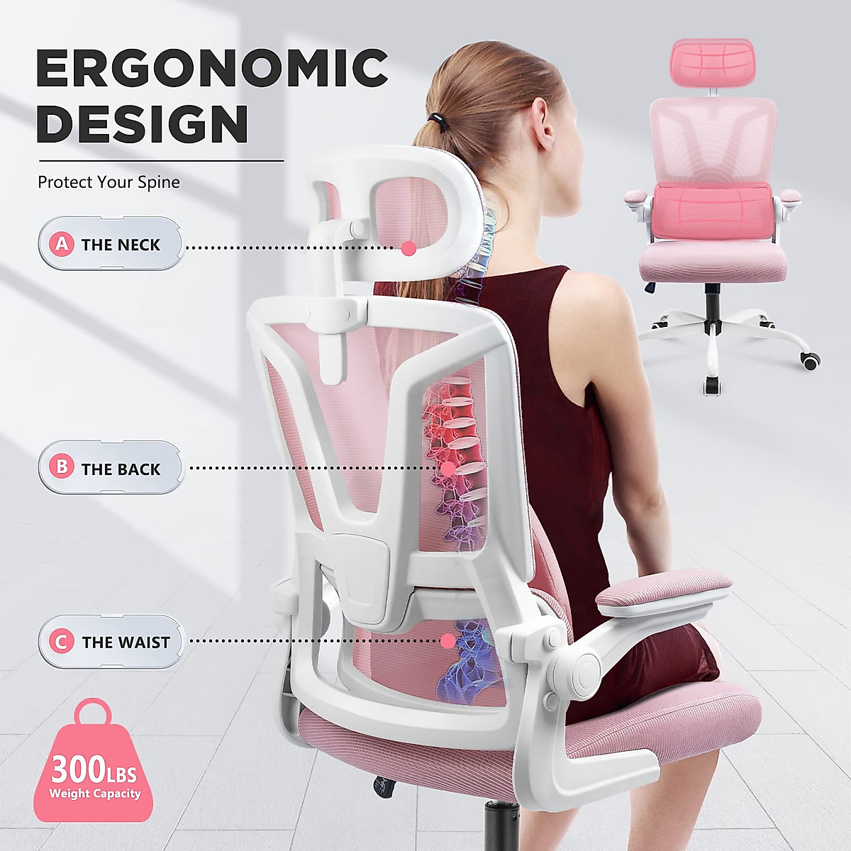 Soontrans Pink Ergonomic Office Chair with Lumbar Support Pillow, Mesh Office Chair with Adjustable Arms & Headrest, Rocking Office Desk Chair, Comfortable Ergonomic Chair