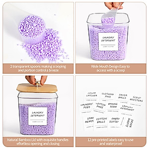 PLOUTA HOME 4 Pack Laundry Room Organization Storage Containers, Plastic Clear Laundry Pods Container & Dryer Sheet Holder Jars with Lids, Scoops & Labels for Detergent, Powder, Dryer Balls, Beads