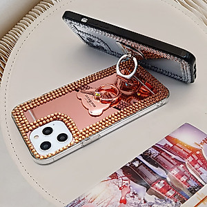LUVI Compatible with iPhone 15 Pro Max Mirror Bling Case with Ring Cute Glitter Diamond Rhinestone Holder Loopy Finger Grip Kickstand Stand Luxury Fashion Cover for Women Girls Silver