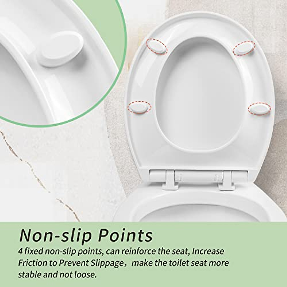 Toilet seat Round with Slow Close Hinges, Four Bumpers, Two Sets of Parts, White Toilet seat Round, Slow Close, Never Loosen and Easily Remove, Plastic, White