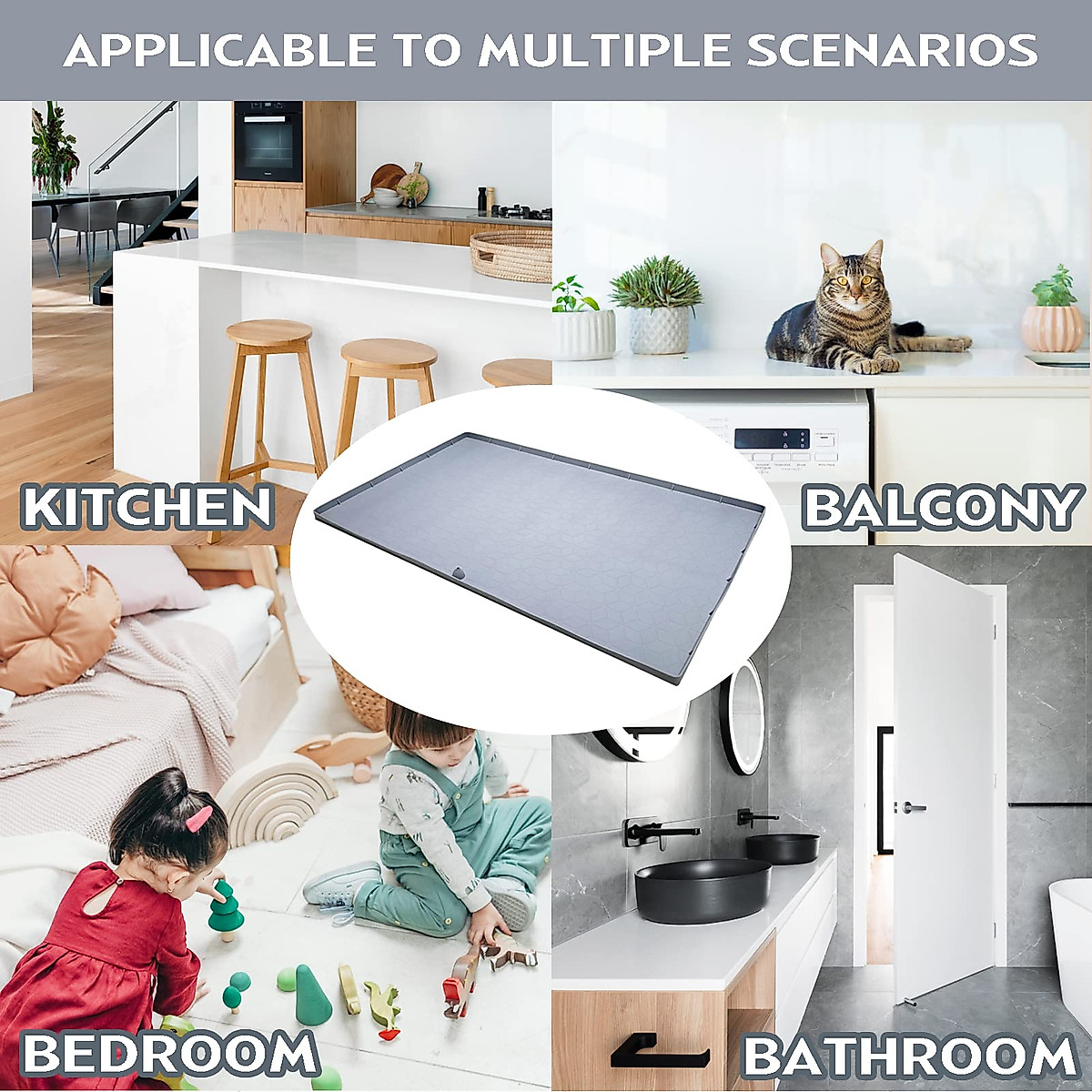 Under Sink Mat, 34" x 22" Under Sink Drip Trays for Kitchen Waterproof, Silicone Under Kitchen Sink Mats with Unique Drain Hole, Under Sink Liner for Kitchen Bathroom (Gray)