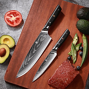 ZongChuan 8C Damascus Kitchen Knife Set 2pc,8" Chef Knife and 5.5" Utility Knife,High Carbon Stainless Steel,5-Star Sharp Standard,Black Ergonomic G10 Handle,Love's Gift Box