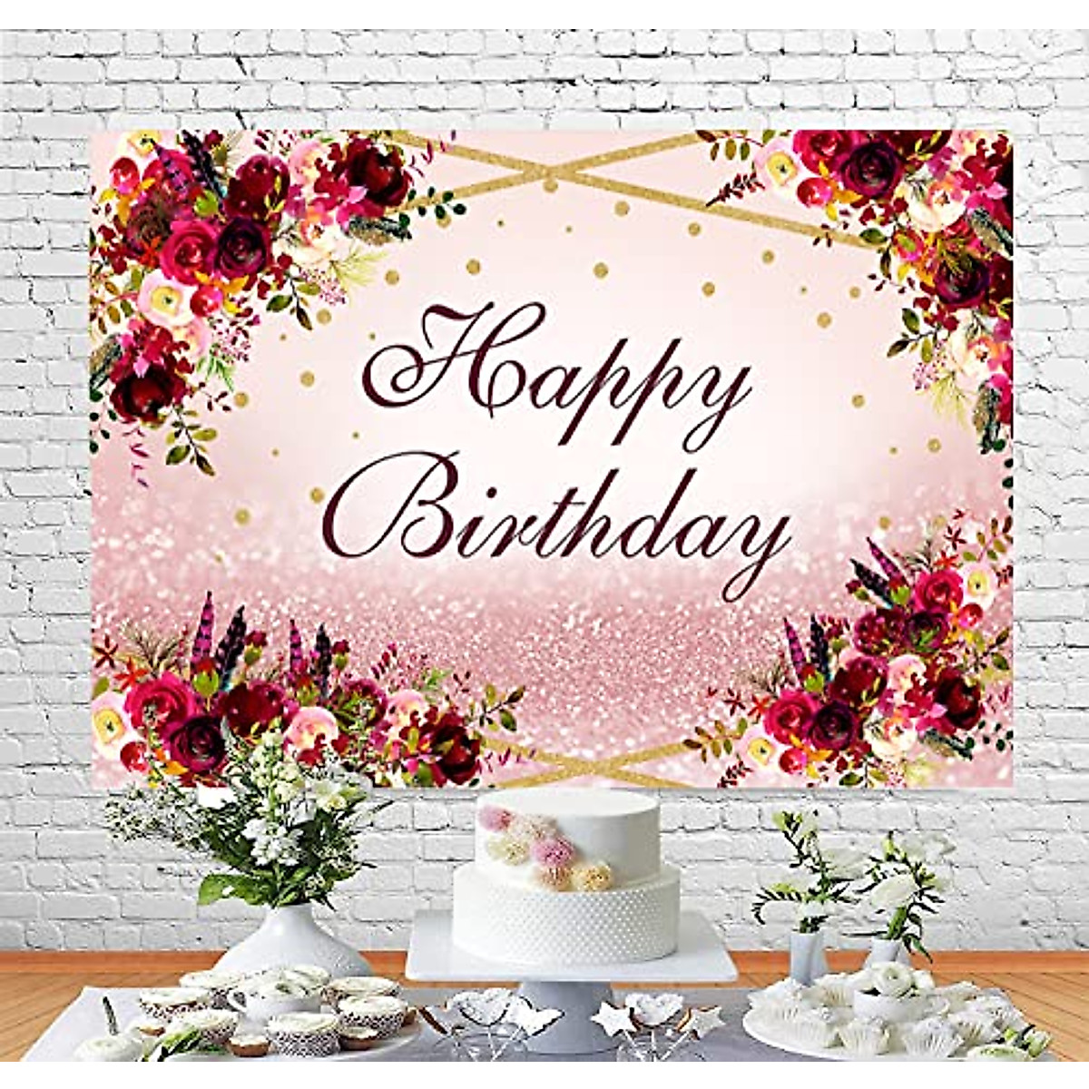 InMemory Burgundy Flower Happy Birthday Backdrop Rose Gold Glitter Birthday Photography Background Rustic Floral Backdrops for Women Lady Girls Bday Party Decorations Banner Photo Booth Supplies 5x3ft
