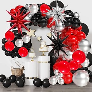 Black Red Silver Balloons Arch Decorations, Graduation Balloons Decoration18" 12” 5“ Balloons Black Red and Silver Foil Explode Star for Birthday 1st 21st 30th 40th 60th Party Grad New Year Decor