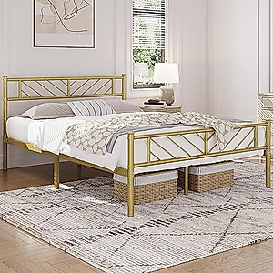 Yaheetech Full Size Platform Bed Frame with Arrow Design Headboard,13 Inches Metal Mattress Foundation for Storage,No Box Spring Needed,Easy Assembly,Modern,Antique Gold