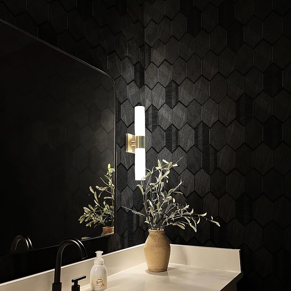 Simon&Siff Black Textured Wallpaper 3D Embossed Hexagon Wallpaper Non Woven Traditional Non-Pasted Wallpaper for Bedroom Bathroom 17.3in x 26.2ft