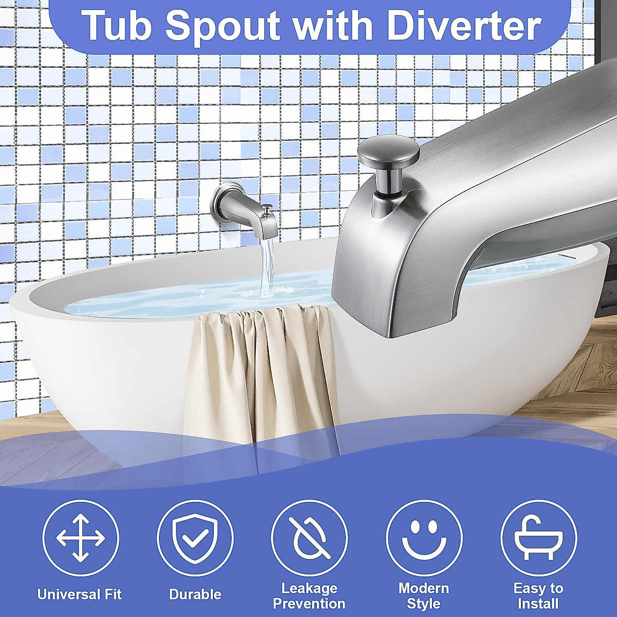 Enhon Tub Spout with Diverter, Universal Fits 1/2'' Copper Pipe, 1/2'' IPS and 3/4'' IPS, Bathroom Bathtub Tub Faucet Replacement with Adapters (Brushed Nickel)