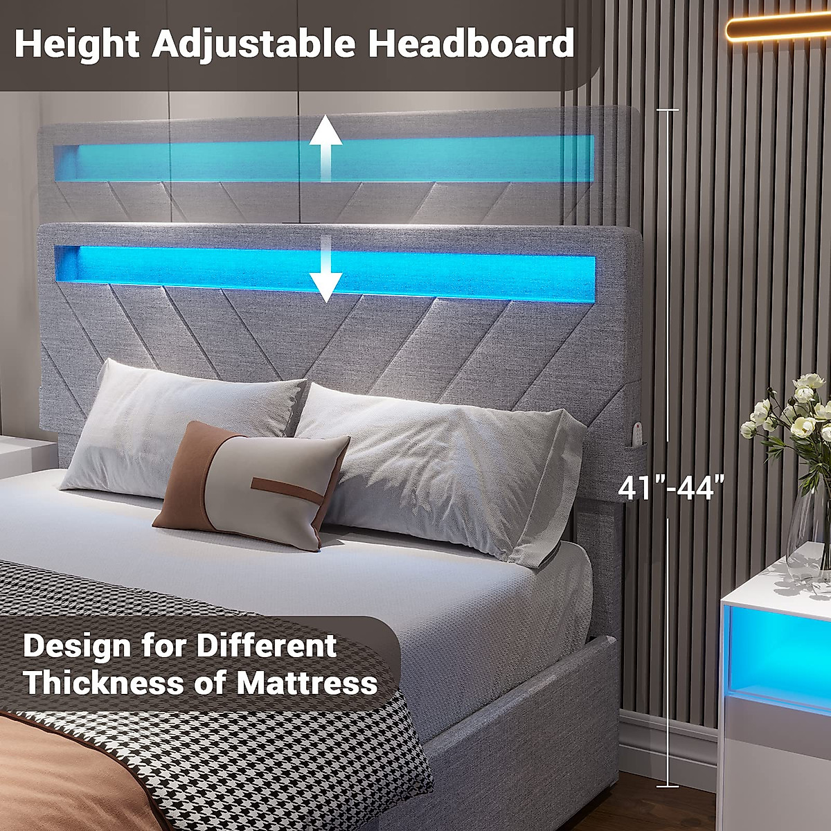 ADORNEVE Queen LED Bed Frame with Drawers Storage, 2 USB Charging Station, Upholstered Platform Bed with Storage & LED Lights Headboard, No Box Spring Needed, Light Grey