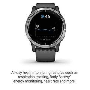 Garmin 010-02174-01 vivoactive 4, GPS Smartwatch, Features Music, Body Energy Monitoring, Animated Workouts, Pulse Ox Sensors and More, Silver with Gray Band