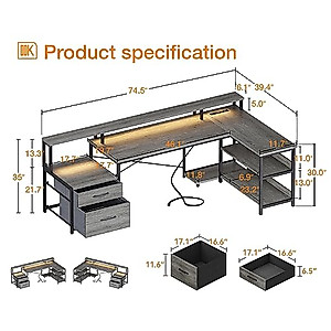 ODK L Shaped Desk with File Drawer, 75" Reversible L Shaped Computer Desk with Power Outlet & LED Strip, Home Office Desk with Storage Shelves, Gaming Desk with Monitor Shelf, Corner Desk, Grey Oak
