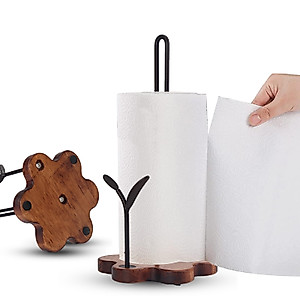 IEBIYO Paper Towel Holder Stand Kitchen Roll Holder Simply Tear Wooden Paper Towel Organizer Non-Slip Wooden Bottom Roll Paper Dispenser Countertop Paper Hanger Rack Kitchen Decoration (Black)