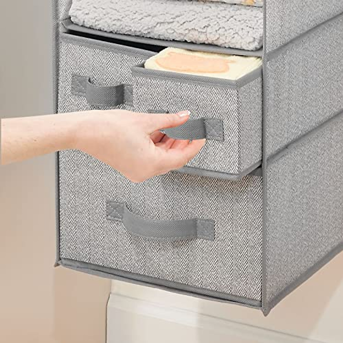 mDesign Soft Fabric Over Closet Rod Hanging Storage Organizer with 7 Shelves and 3 Removable Drawers for Child/Kids Room or Nursery - Herringbone Print, 2 Pack - Gray