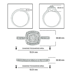 Cali Trove, 1/4cttw Diamond Double Halo Square Engagement Ring with Matching Diamond Wedding Band for Women in 925 Sterling Silver, Women's Silver Square Wedding Ring Set with Diamond Accented Bands,