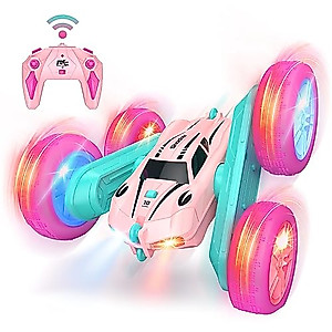 Remote Control Car, Hand Remote RC Cars, 90 Min Playtime, 2.4Ghz Double Sided 360° Rotating RC Crawler with Lights, 4WD Off Road Drift RC Stunt Race Car Gift Toy for Boys and Girls Aged 6-12 Pink