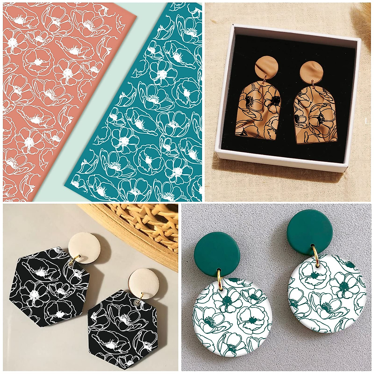 BABORUI Silk Screen Stencils for Polymer Clay, 3Pcs Reusable Silk Screen Stencils with 2Pcs Clay Scraper for Polymer Clay Cutters Clay Earring Jewelry Making Kit