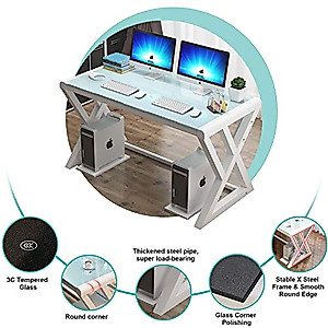 IPKIG 55.1Inch Tempered Glass Computer Desk w/Glass Top Metal Frame, Office Desk Computer Table Modern Office Study Work Writing Desk Table for Home Office Personal Workstation (White-55.1 Inch)