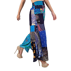 LOFBAZ Women's Patchwork Wide Leg Palazzo Pants Yoga Lounge Hippie Harem Flowy Trousers Juniors Ladies Travel Cover Up Beachwear Patchwork Blue 2XL