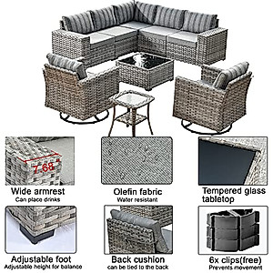 XIZZI Patio Furniture Sets Outdoor Sectional Sofa Swivel Rocking Chairs 9 PCS All Weather PE Wicker Conversation Couch with Coffee and Side Table for Backyard Deck Garden,Dark Grey Stripes