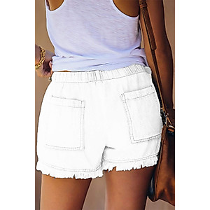 YOCUR Women's Denim Shorts Flowy Fashion Board Shorts Elastic Waist Tassel Distressed Shorts Drawstring Boxer Shorts Juniors Lounge Jean Shorts White M