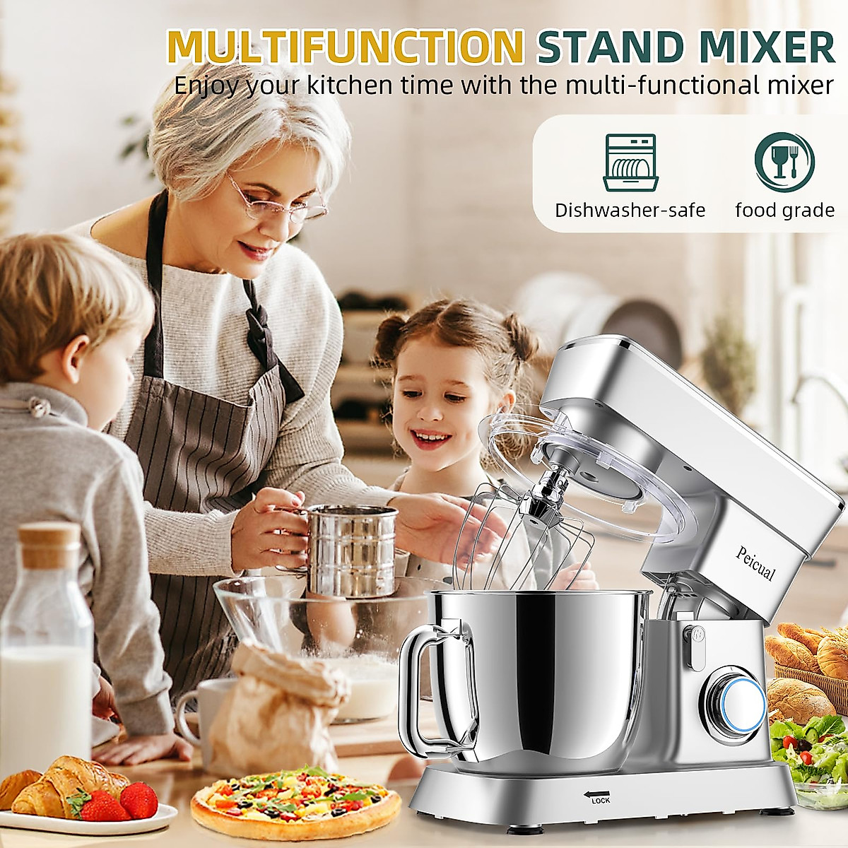 Peicual Stand Mixer, 5.5QT 10+P Speed Tilt-Head Kitchen Electric Mixer, Food Mixer with Stainless Steel Bowl, Dough Hook, Flat Beater, Wire Whisk, Splash Guard for Daily Use - Silver