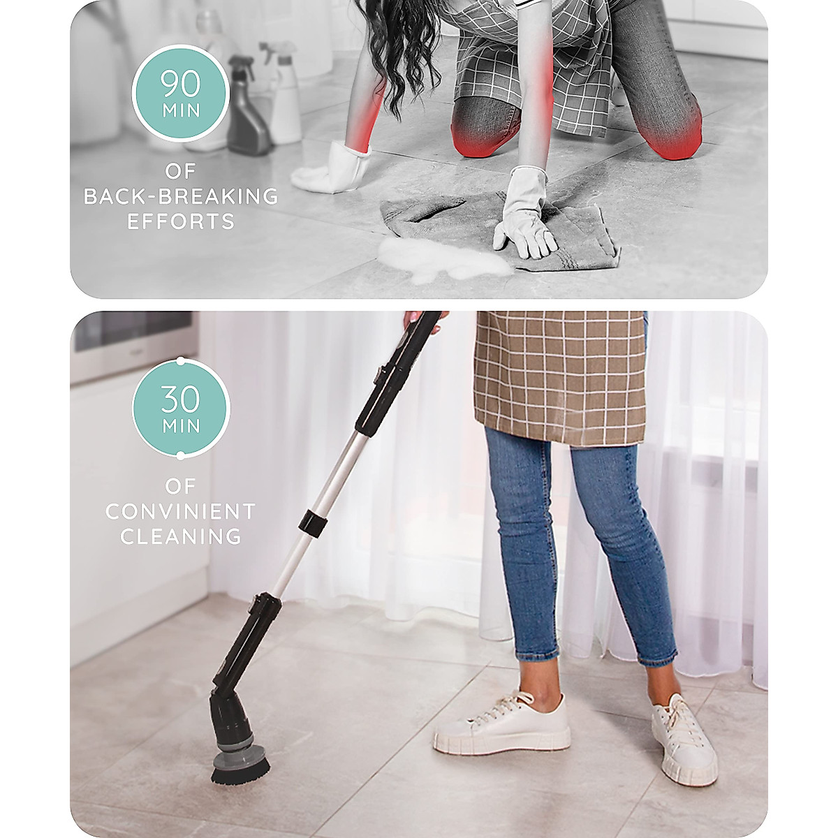 JULY HOME Electric Spin Scrubber with Adjustable Extension Shower Scrubber Brush, Cordless Automatic Power Scrubber for Shower, Cleaner for Tile, Floor, Long Handle & 3 Brush (Packaging May Vary)