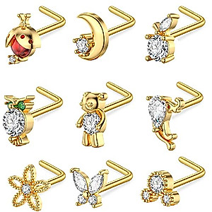 Gixaxak L Shaped Nose Piercing Diamonds Gold Jewelry Cute Shapes Moon Butterfly Flower Bear Body Piercing Simple Nose Studs Ring Teen Birthday Party Jewelry