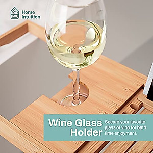 Home Intuition Expandable Bamboo Bathtub Tray Caddy (27.75-41.5 Inches) Luxury Bath Tub Tray Table Bathtub Caddy Bath Accessories for Women & Men Bath Tray Shelf with Book & Wine Holder