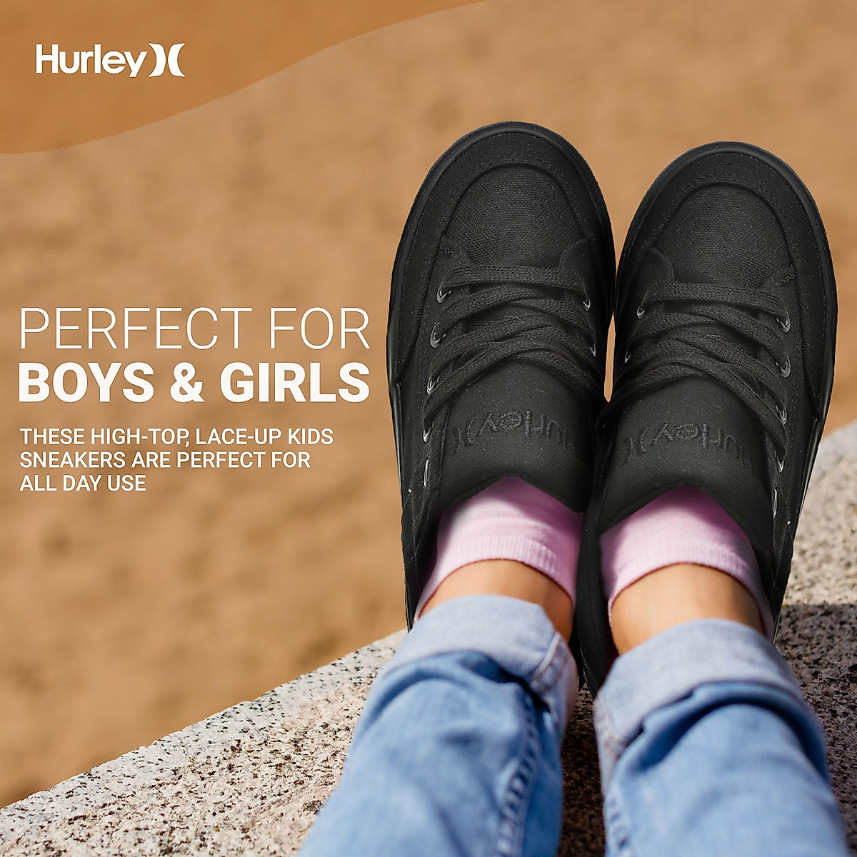 Hurley Roddy Kids High Top Skateboard Sneakers, Black Sports Shoes for Boys and Girls, Sneakers for Toddlers and Children