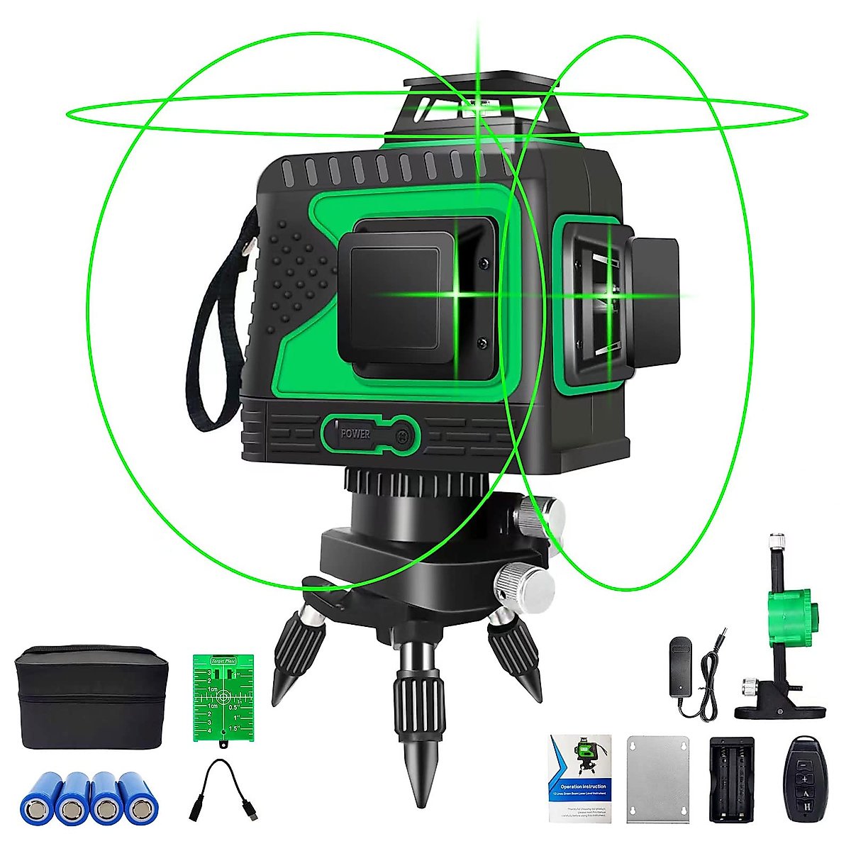 TAOVINA Laser Level Green Self Leveling 3 x 360° 30m Rotary Lasers with Magnetic Wall Bracket and Remote Control, 3D 12 Lines, Horizontal and 2 Vertical Lines(4pcs Battery)
