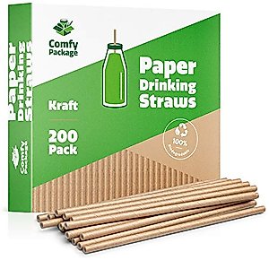 Kraft Paper Drinking Straws [200 Pack] 100% Biodegradable & Ink-free