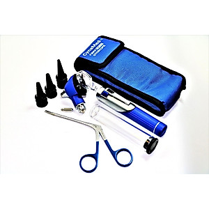 Premium Student Home USE LED Bright Light ENT Diagnostic Otoscope Pocket Size Blue Plus Aligator Ear Nose Forceps Plus 1 Extra Replacement Bulb Plus 10 Specula Cynamed
