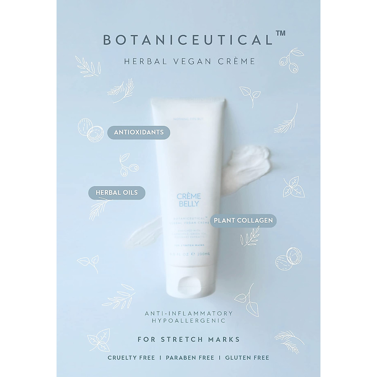 NOTHING FITS BUT Crème Belly Botaniceutical Maternity Herbal Vegan Cream for Stretch Marks Cream for Pregnancy with Rosemary, Green Tea and Chamomile Extracts (6.8 fl oz / 200ml)