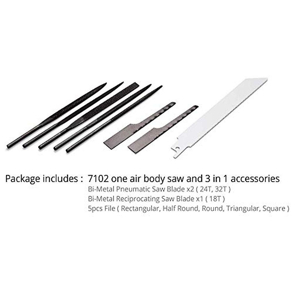 Berkling Tools 7102 Compact Low Vibration Air Saw/Air File with 8 pcs Blade Kit (3 Bi-Metal Saw Blades 18T 24T 32T and 5 Files) Multi-function Pneumatic Reciprocating Body Saw Air Powered Mini Tool