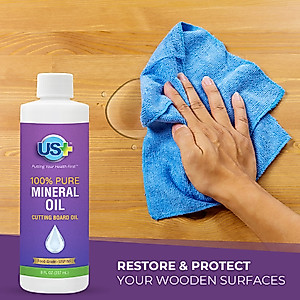 8oz US+ 100% Pure Mineral Oil - Cutting Board Oil - Food-Grade - USP - GMO-Free - Restores & Protects Cutting Boards, Butcher Blocks, Countertops, Steel Surfaces & More