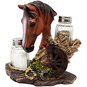 Ebros Country Western Chestnut Brown Stallion Horse By Farm Wagon Wheel Lasso Horseshoes Salt And Pepper Shakers Holder Figurine Set 6.25"High Old Fashioned Rustic Decor Statue (Chestnut Brown)