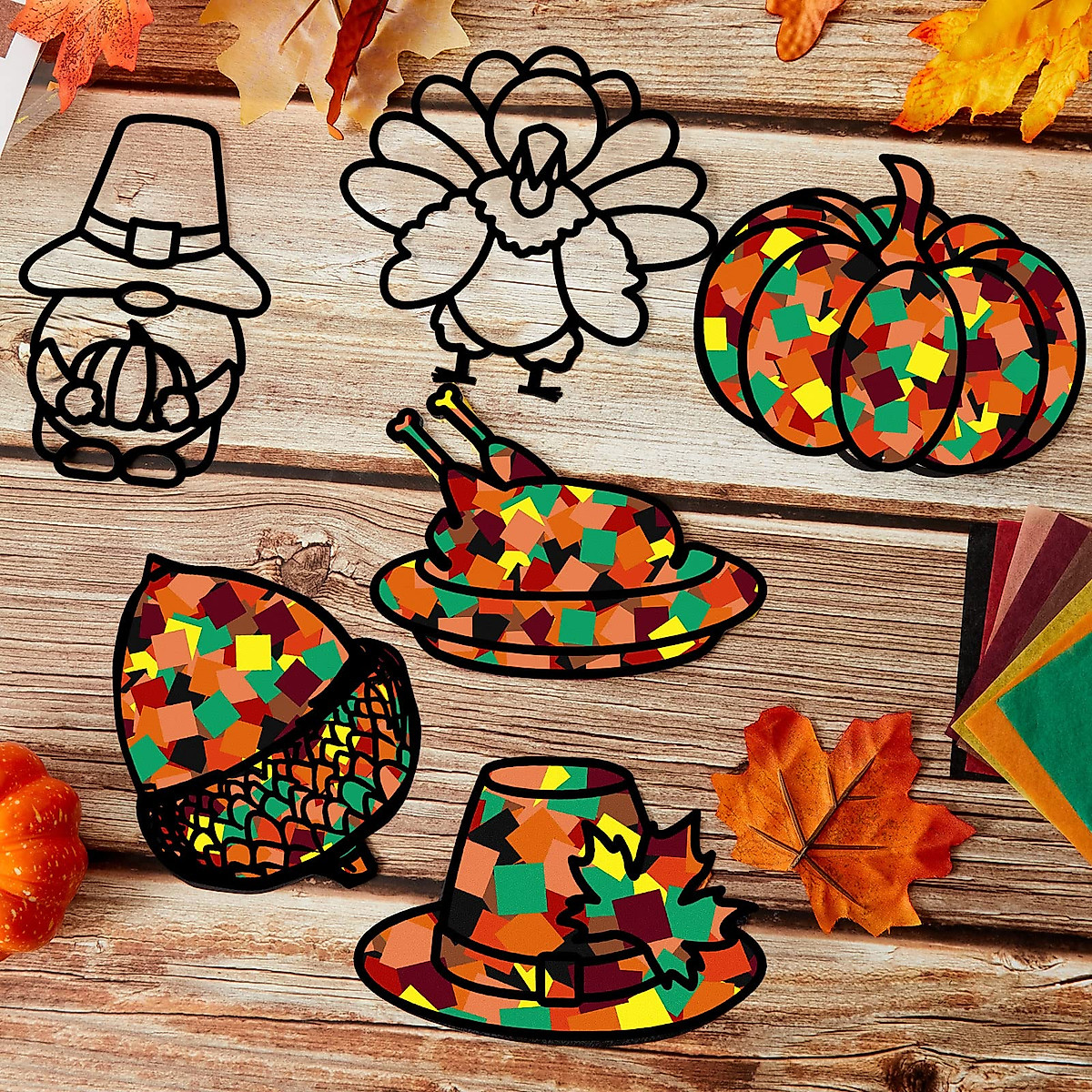 Gueevin 18 Sets Thanksgiving Stained Glass Effect Paper Suncatchers Thanksgiving Suncatcher Kit DIY Suncatcher Paper with tissue paper and glue sticks for Children Window Classroom Arts and Crafts