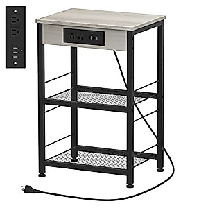 YBING Grey Nightstand with Charging Station Bedroom End Table with USB Ports and Power Outlets 3-Tier Small Side Table with Outlet and Storage Nightstand Bedside Table for Bedroom Living Room 24" H