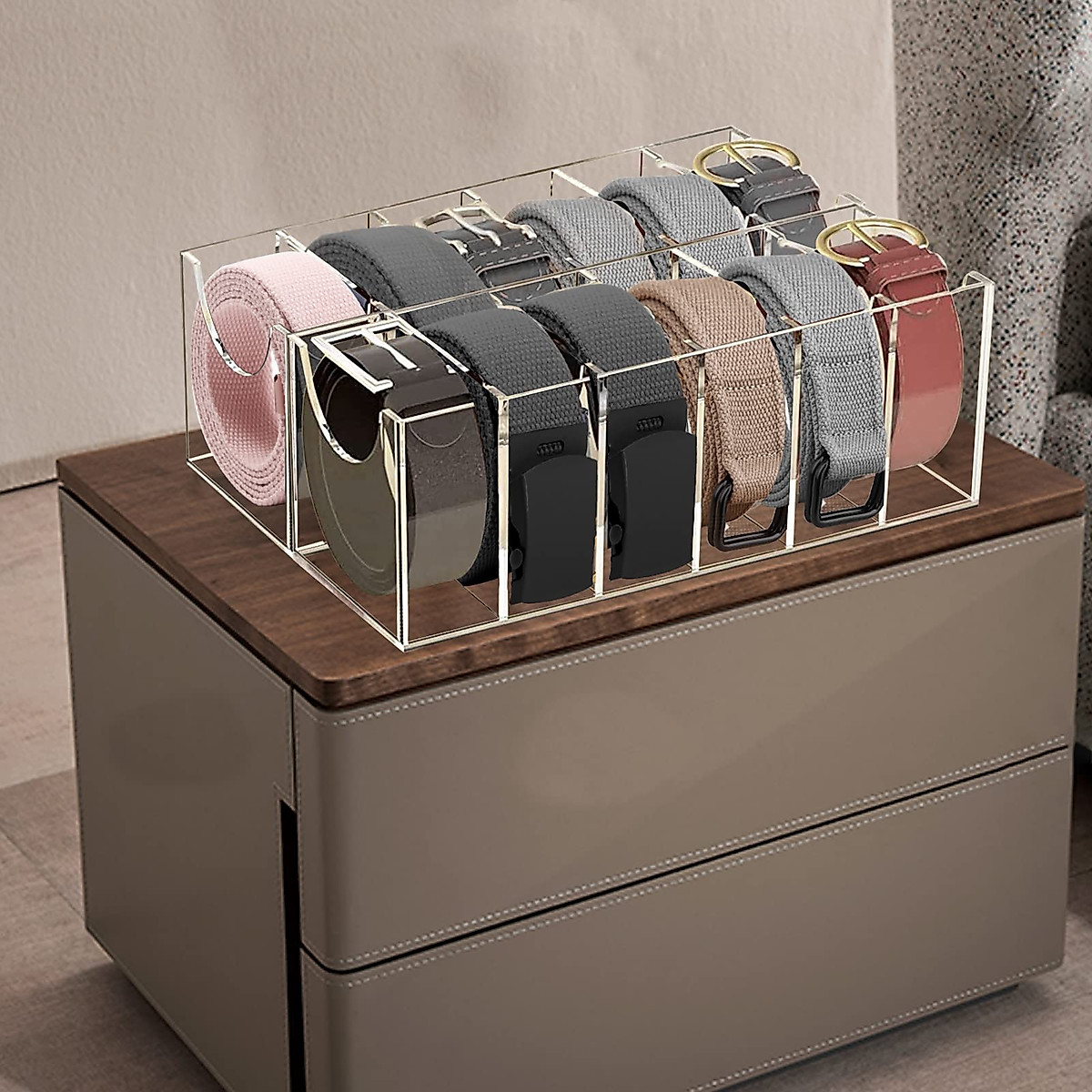 Hlimior Belt Organizer, Acrylic 12 Compartments Belt Container Storage Holder, Acrylic Belt Display Storage Box, Clear Belt Display Case for Closet Tie and Bow Watch Jewelry Bracelets Ring Cosmetic…