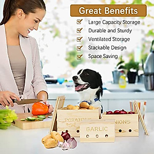 Edudif Potato and Onion Storage Bin Wooden Potato Storage Set of 3 Stackable Onion Storage with Aerating Storage Holes for Potato Onion Garlic Container
