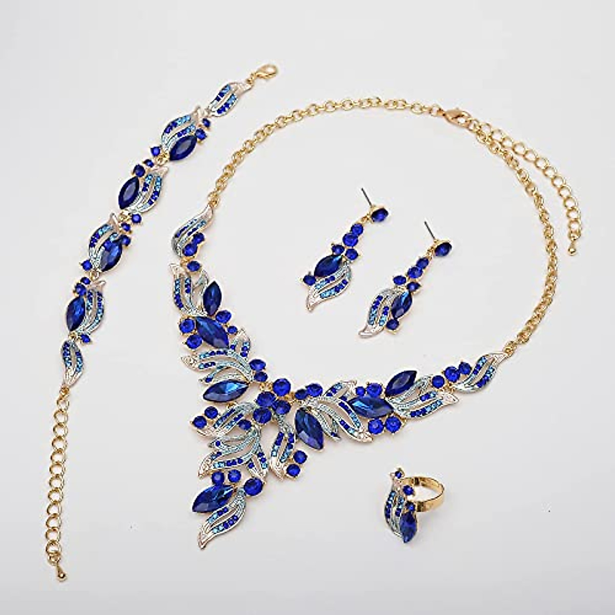 chaoyite Leaf Shape Bridal Costume Jewelry for Bride Wedding Necklace Earrings Bracelet Ring Sets Prom Dress Accessories(Royal Blue-gold tone)