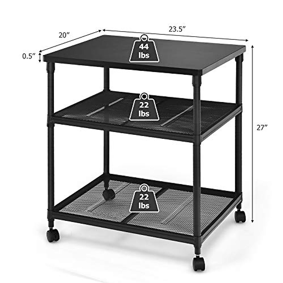 Tangkula 3-Tier Printer Stand Printer Cart, Multifunctional Utility Cart w/ Ample Storage Space, 360° Swivel Rolling & Lockable Wheels, Sturdy Iron Frame, Adjustable Heights, Organizer for Office
