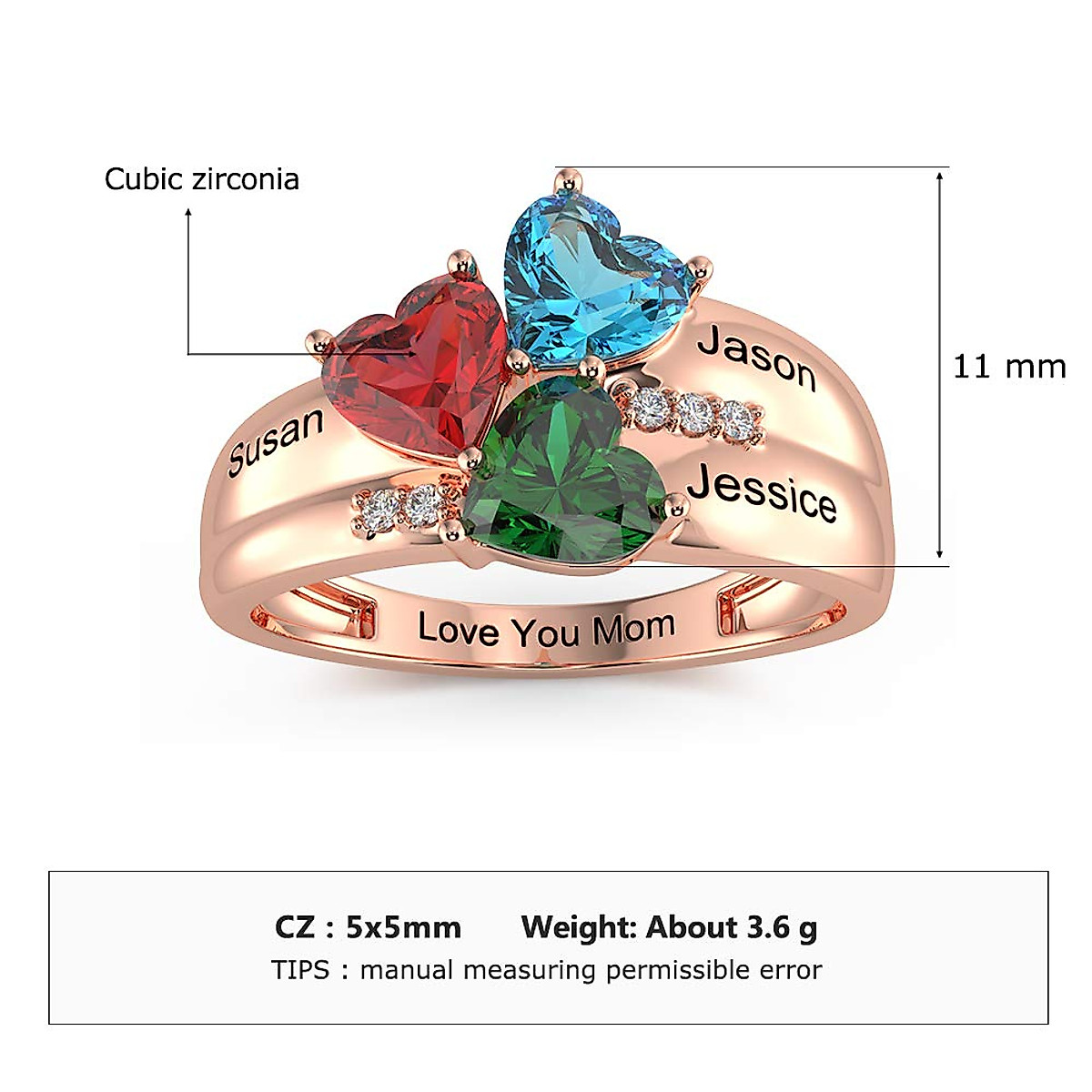 Personalized Mothers Rings with 3 Simulated Birthstones for Women Engraved Family Name Rings for Grandmother Mother Anniversary Rings (Rose Gold, 7)