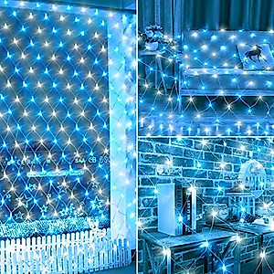 Net Lights Outdoor Christmas Net String Lights Plug in 9.8ft x 6.6ft Connectable Mesh Fairy Light 200 LEDs Waterproof Garden Tree Lights 8 Modes with Remote for Yard Fence Gazebo Decor(White+Blue)