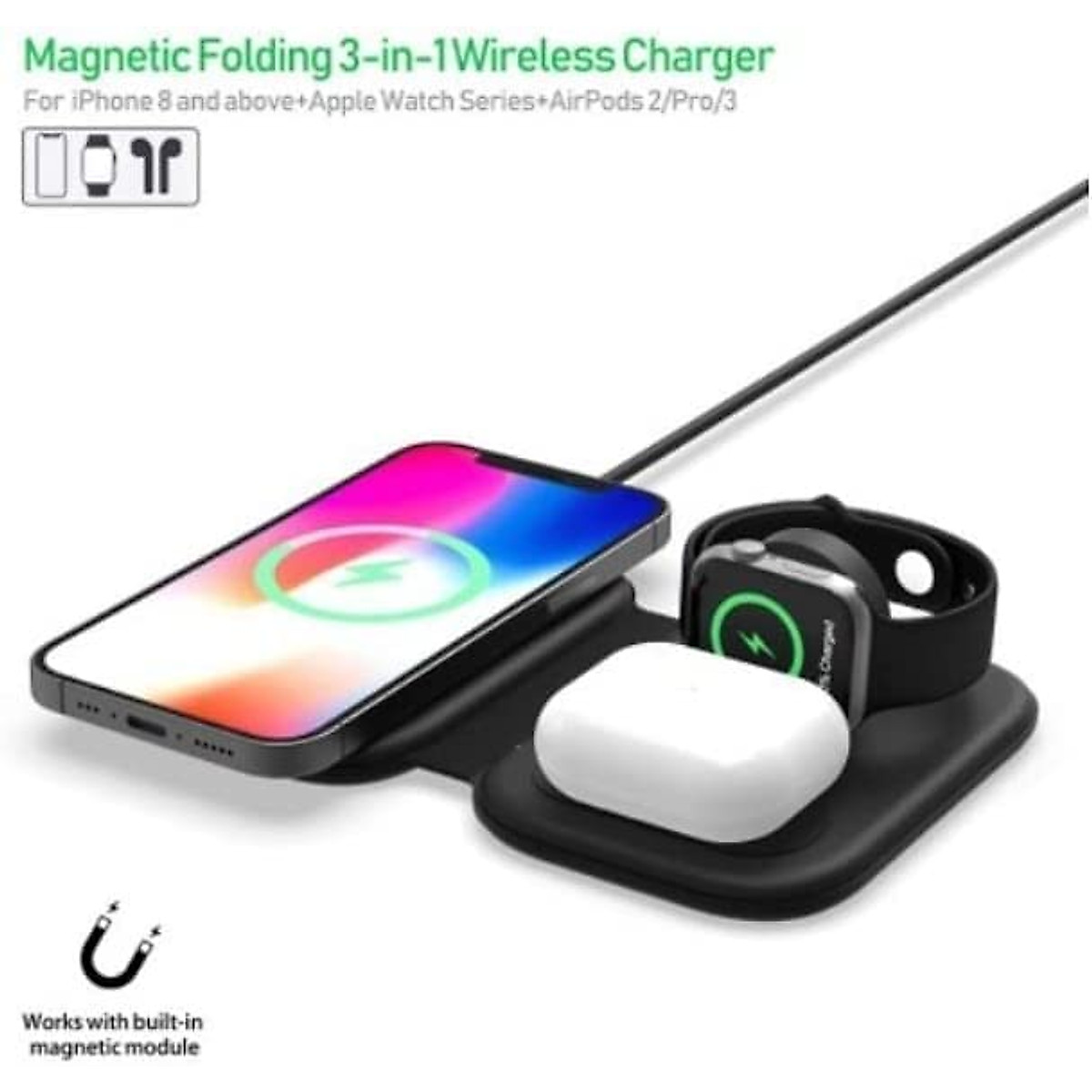 3 in 1 Charging Station for Apple Multiple Devices, Foldable Wireless Charger for iPhone 14/13/12/11/Pro/Max/XS/Max/XR/XS/X, Apple Watch 8/7/6/SE/5/4/3/2, Airpods Pro/3/2/1