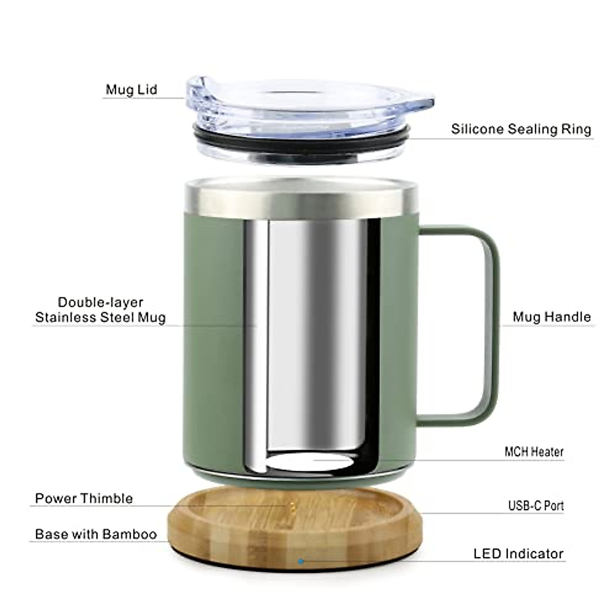 131℉ Self Heating Coffee Mug,Coffee Warmer with Mug Set,USB Powered Electric Heated Coffee Mug,Coffee Cup Heated for Desk Home & Office,Coffee Gifts(12oz Green)