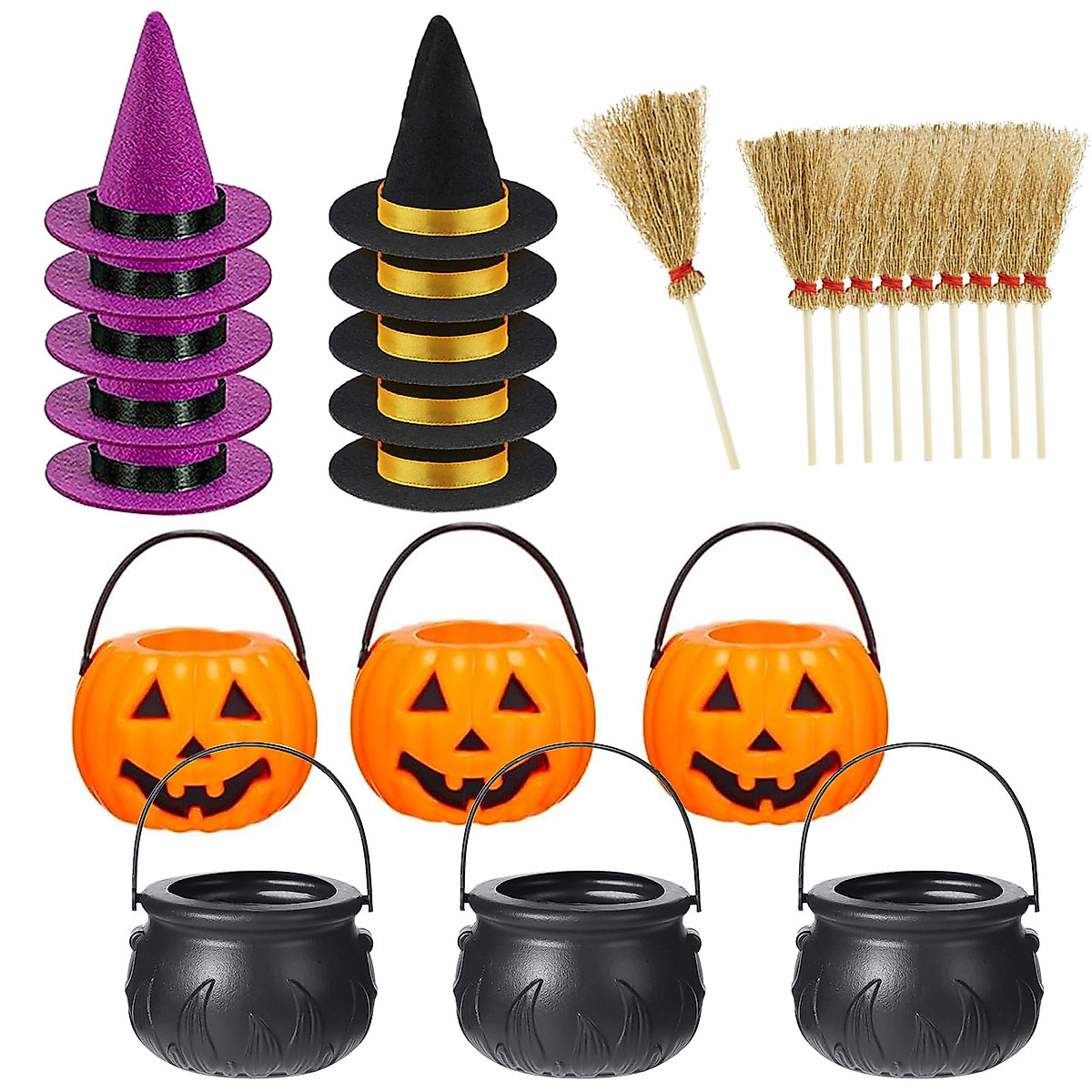 GHAMYEE 26pcs Mini Witch Hat Mini Cauldrons Witches Brooms Cauldron Halloween Decor Mini Witches Hat for Crafts Party Favors for Table Wine Bottle Dollhouse Accessory Miniatures Halloween Candy Craft